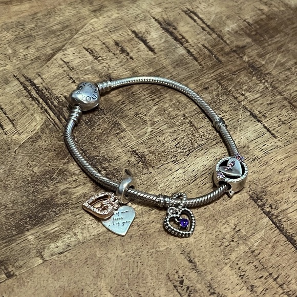 Pandora | Jewelry | Pandora Bracelet And 3 Heart Charms | Poshmark